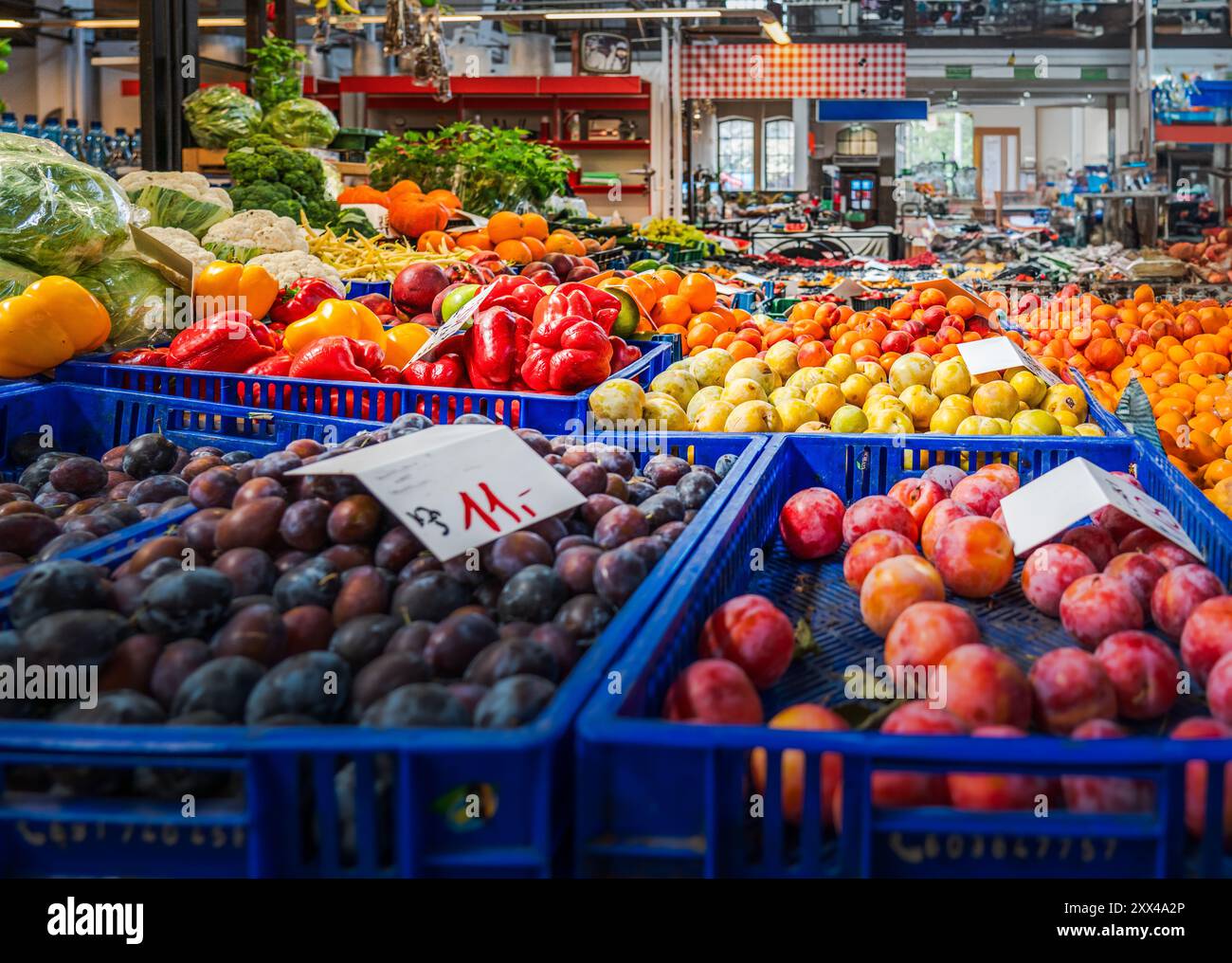 Fruit vegetable market. boxes of products. City fair interior Stock ...