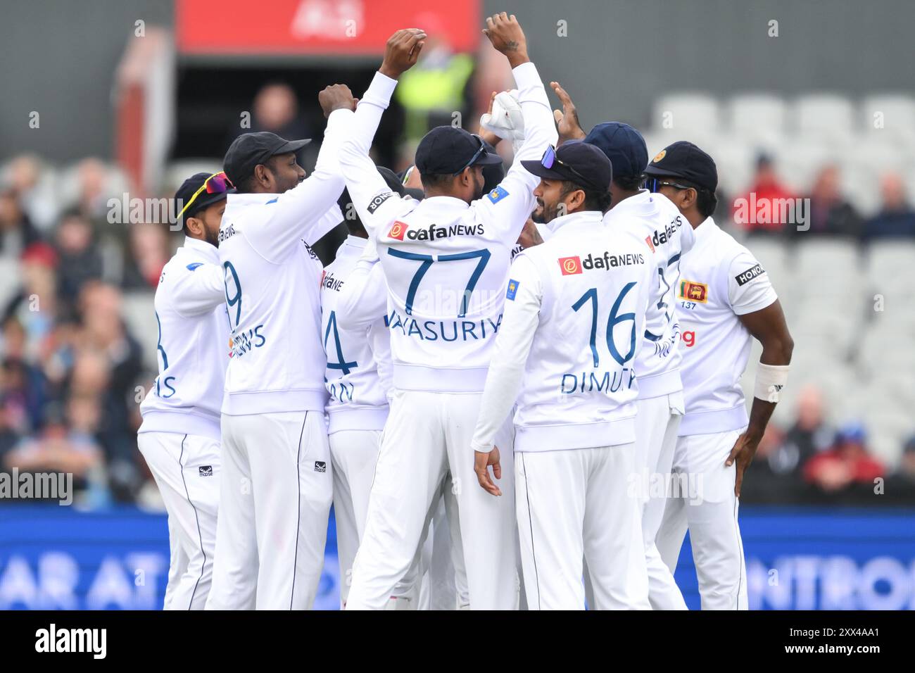 Asitha Fernando of Sri Lanka celebrates blowing out Ben Duckett of ...