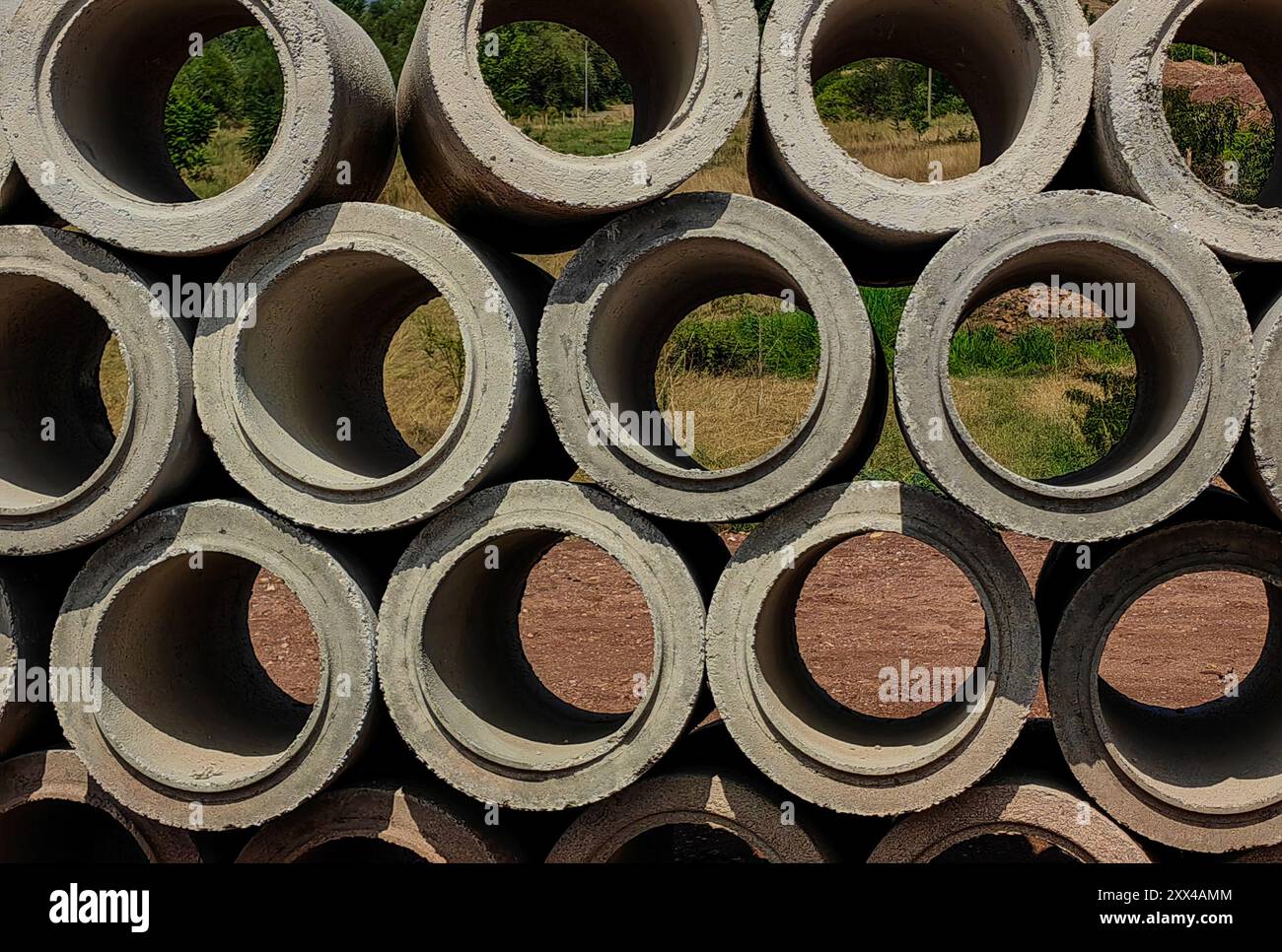 Unusual Landscape Perspective: Round Concrete Pillars Stacked ...