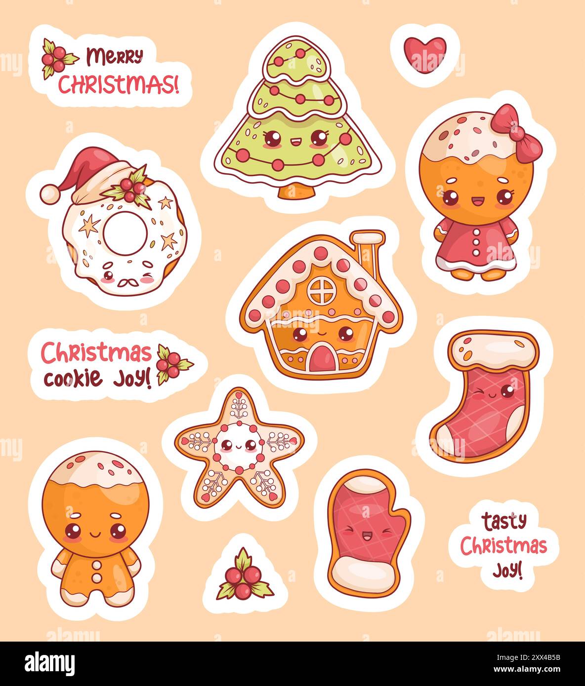 Christmas gingerbread stickers set. Cute man and girl, house, Xmas boot ...