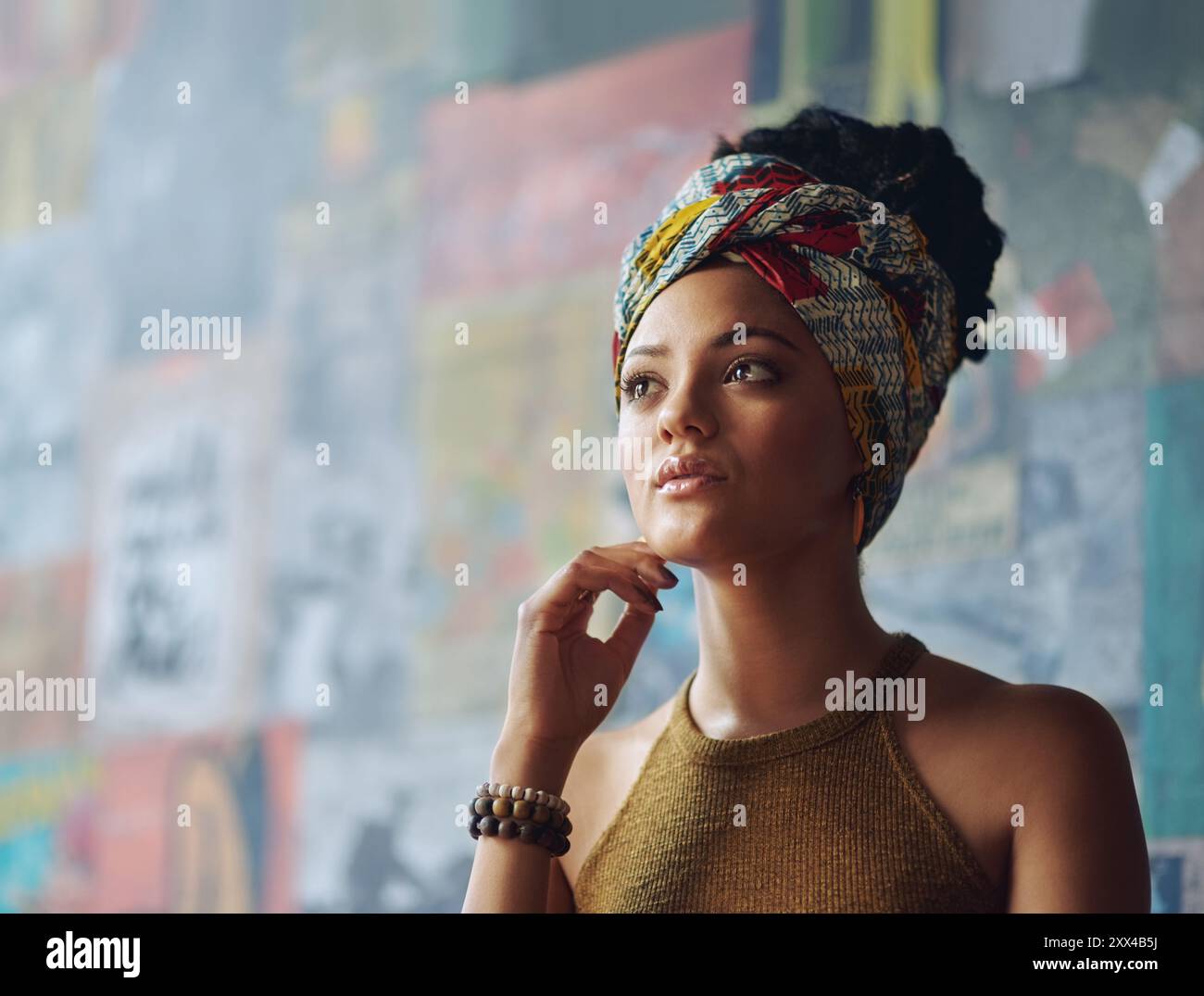 Fashion, woman and face with confidence in turban for culture, African ...