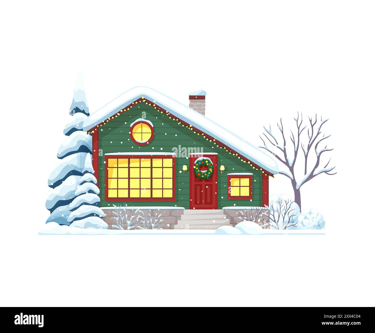 Christmas house under winter snow, holiday home building with snowy ...
