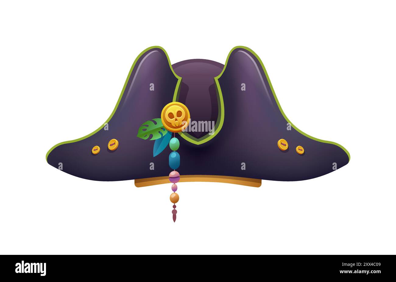 Cartoon pirate hat, corsair captain tricorn adorned with golden Jolly Roger skull emblem and ...