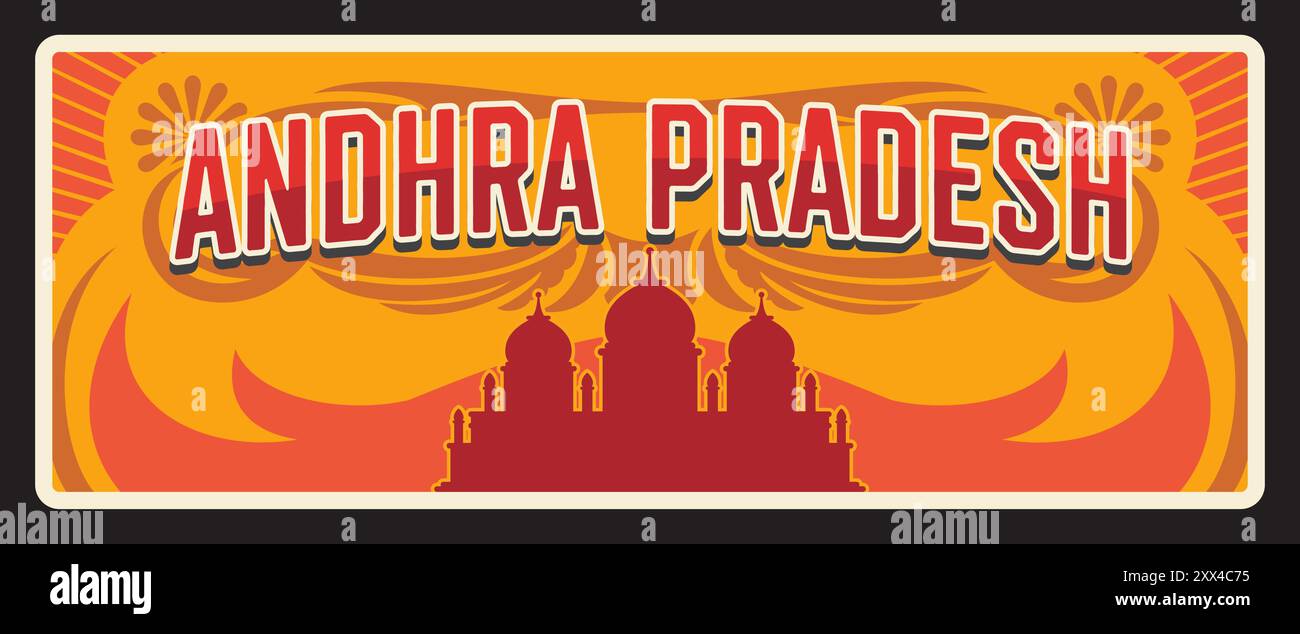 Andhra Pradesh Indian state, India retro travel plate, region vector tin sign with ancient ...