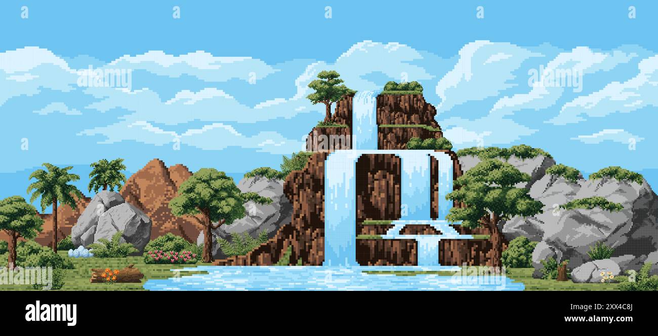 8 bit pixel art arcade game prehistoric waterfall cascade and mountains ...