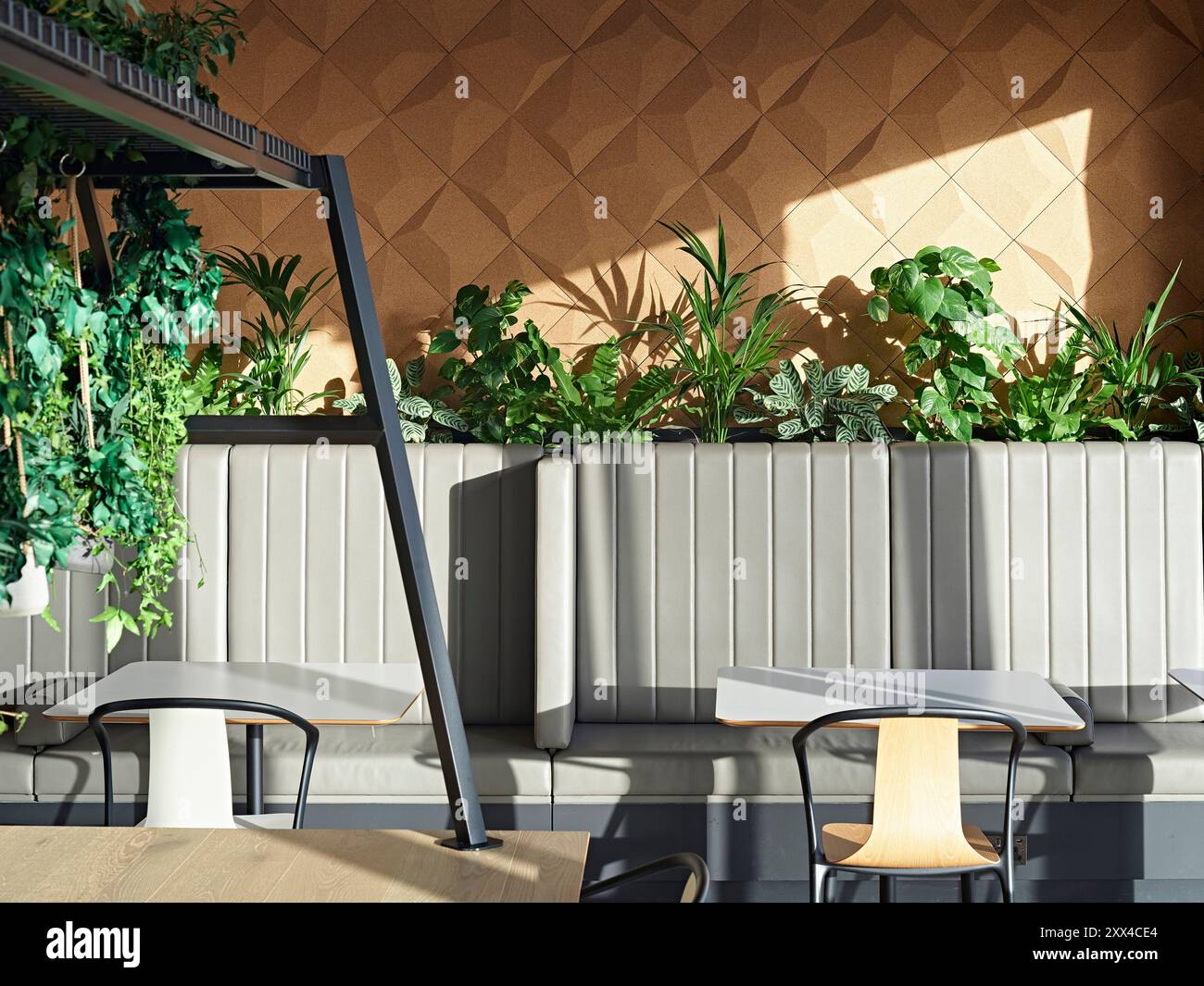 Detail of cafe seating booth. Building 1180, Reading, United Kingdom ...