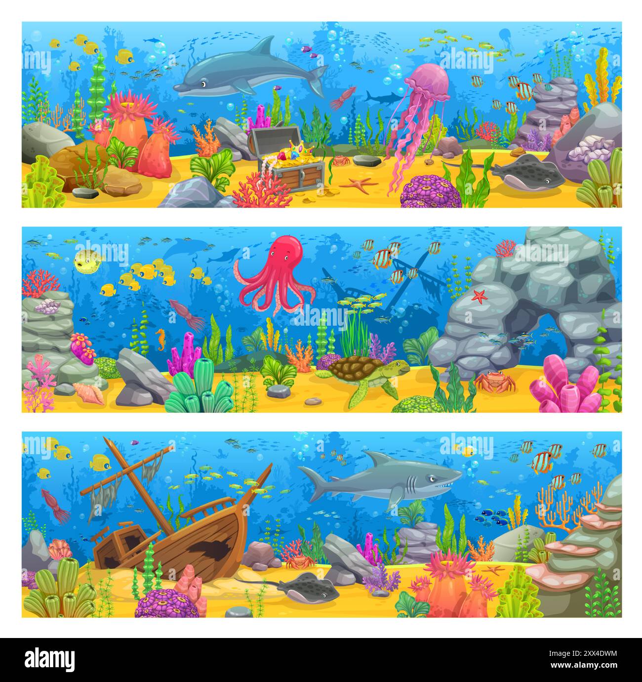 Cartoon underwater landscape banners, sea game level backgrounds with ...