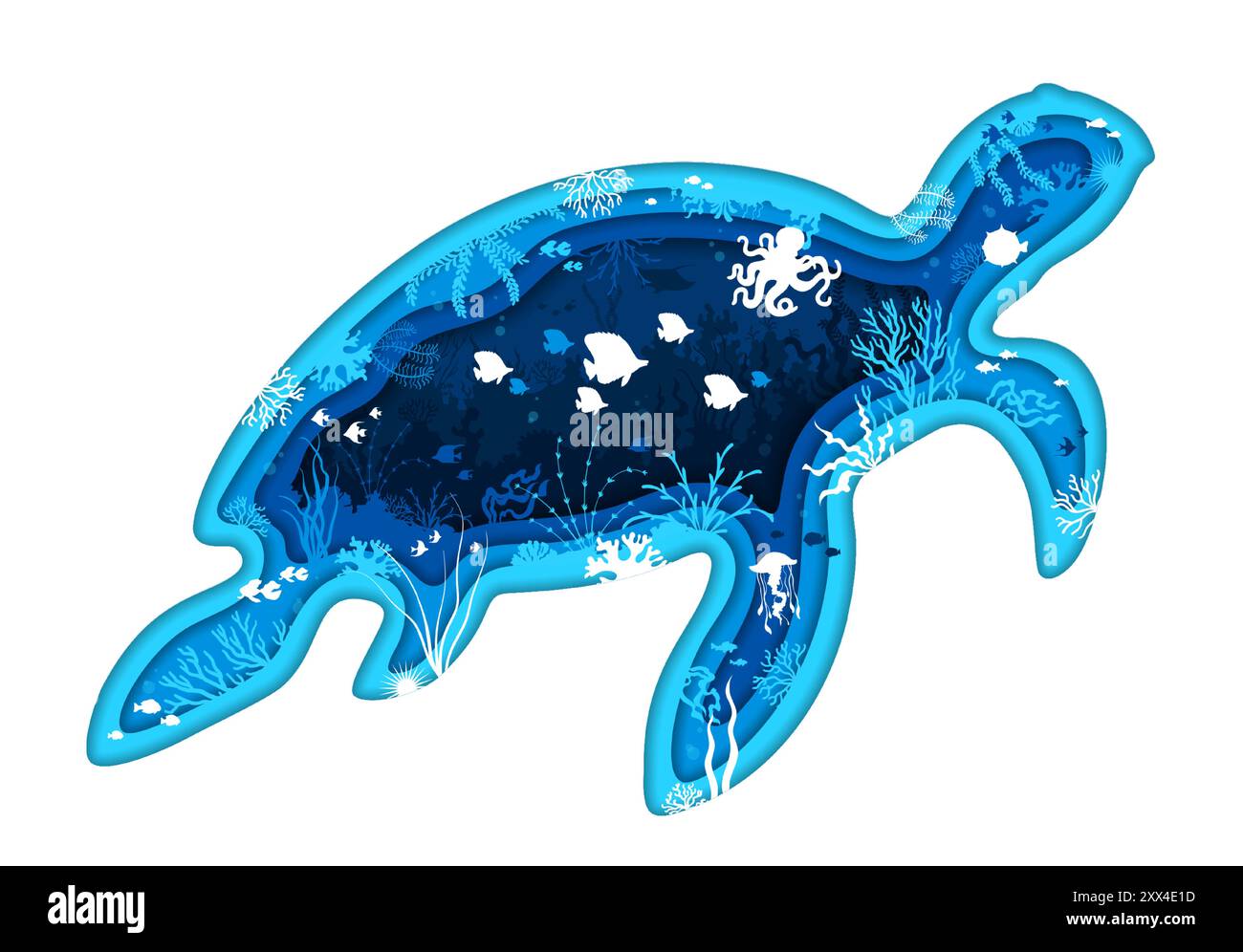 Paper cut turtle silhouette and underwater landscape, vector undersea ...