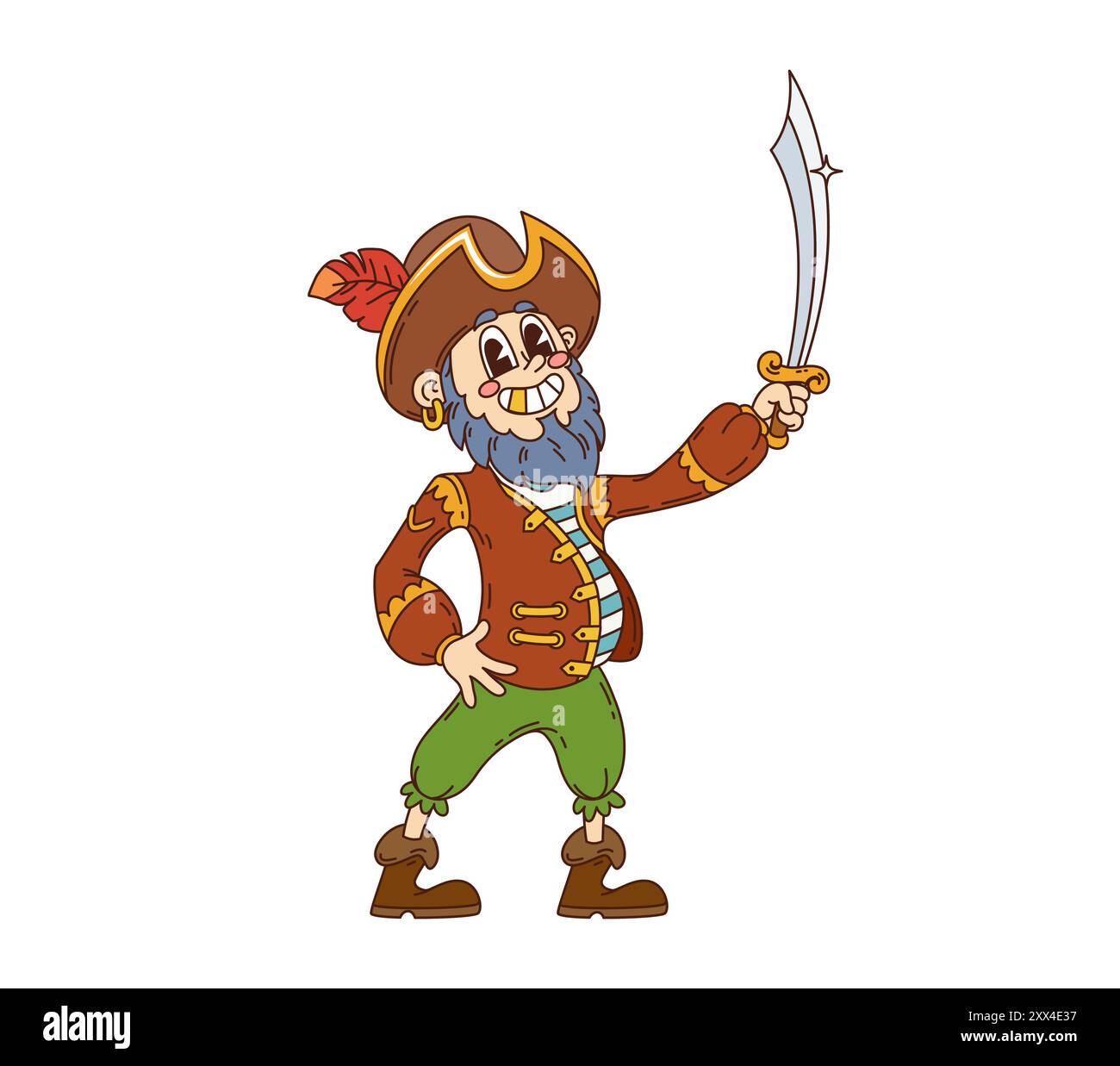 Retro cartoon groovy pirate and corsair character holding saber. Isolated vector funny ...