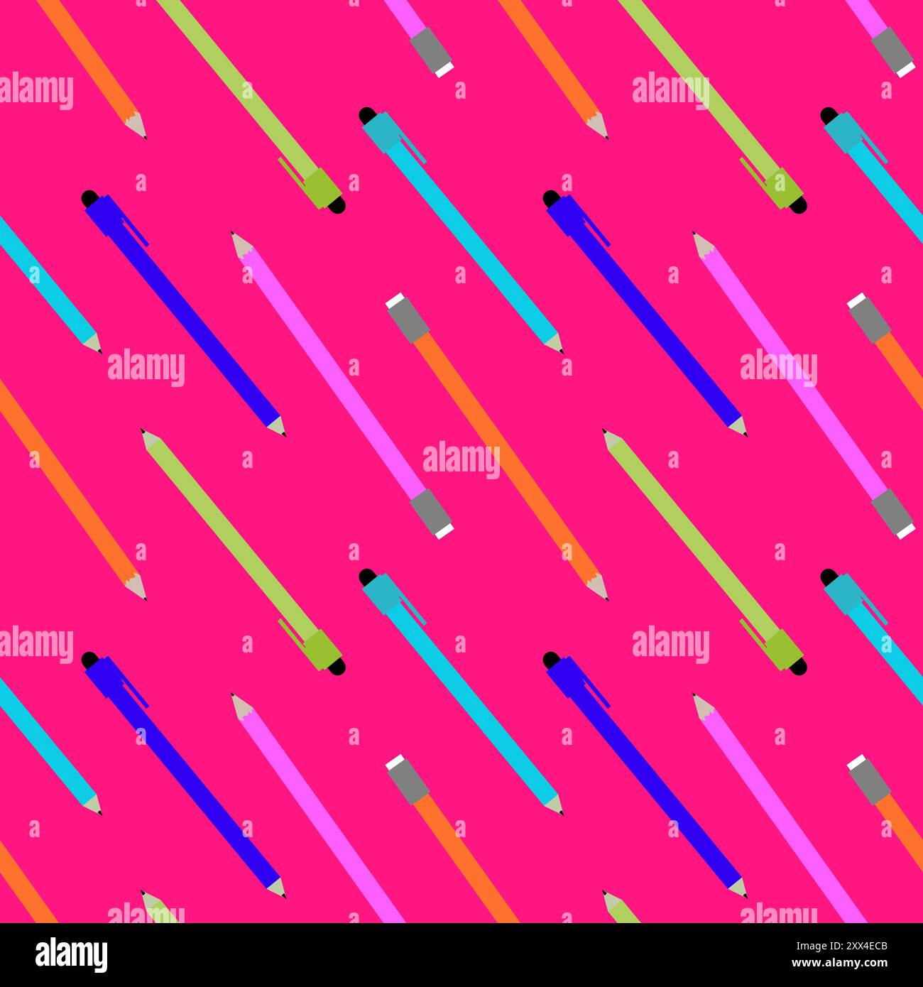 Vector School pattern with pencils, pens on a bright pink background ...