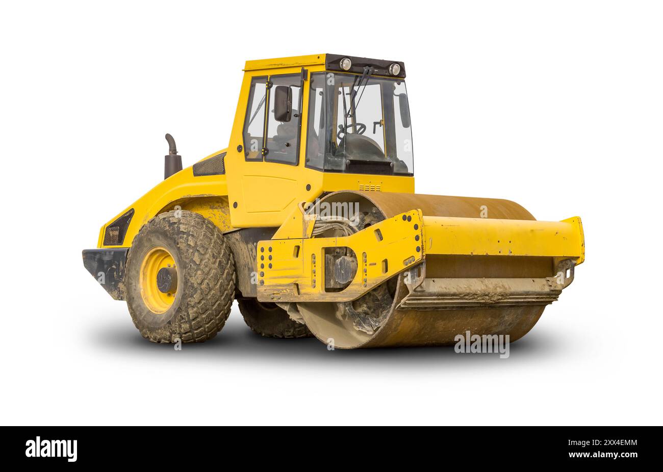 Yellow road roller isolated in white back with shadow Stock Photo - Alamy