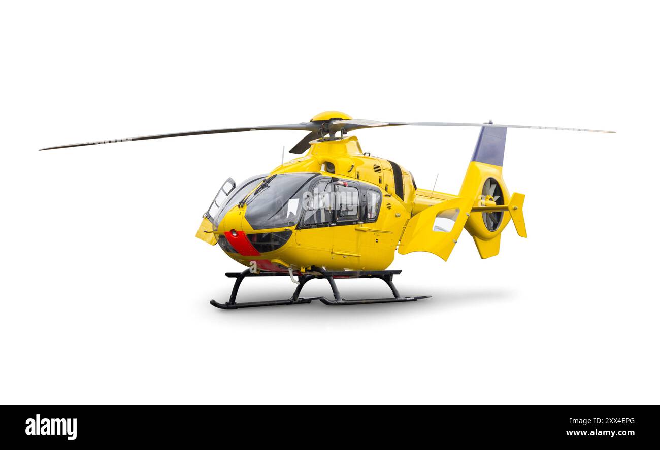 Yellow rescue helicopter on the ground, isolated in white back with ...