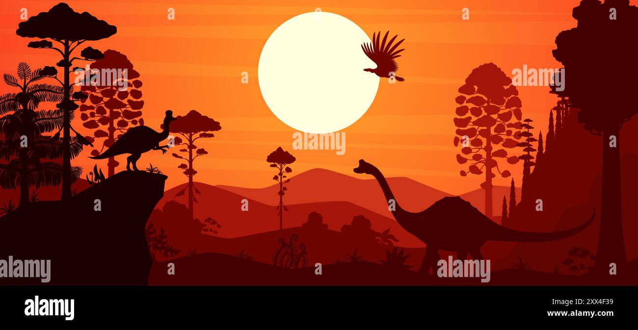 Prehistoric dinosaurs silhouettes in sunset forest or Jurassic era ...