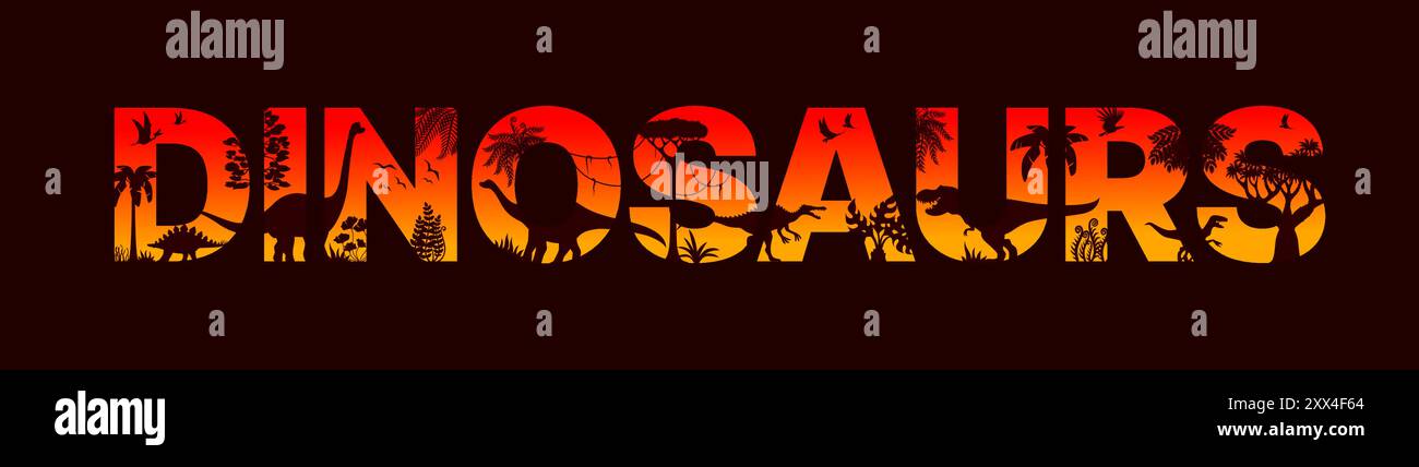 Dinosaurs in sunset silhouette or prehistoric dino lizards of Jurassic ...