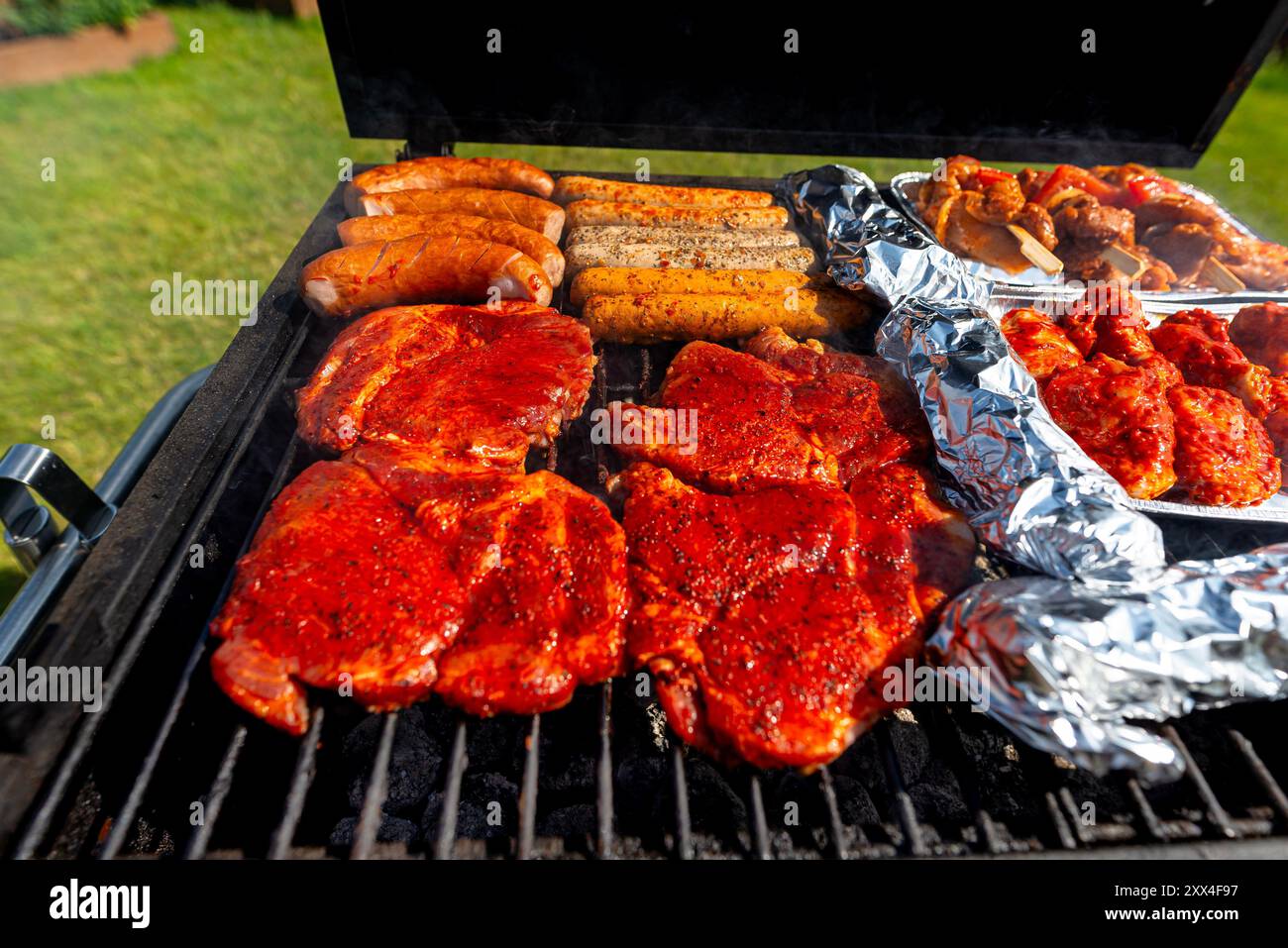 A modern rectangular grill standing in the garden on a beautiful green ...