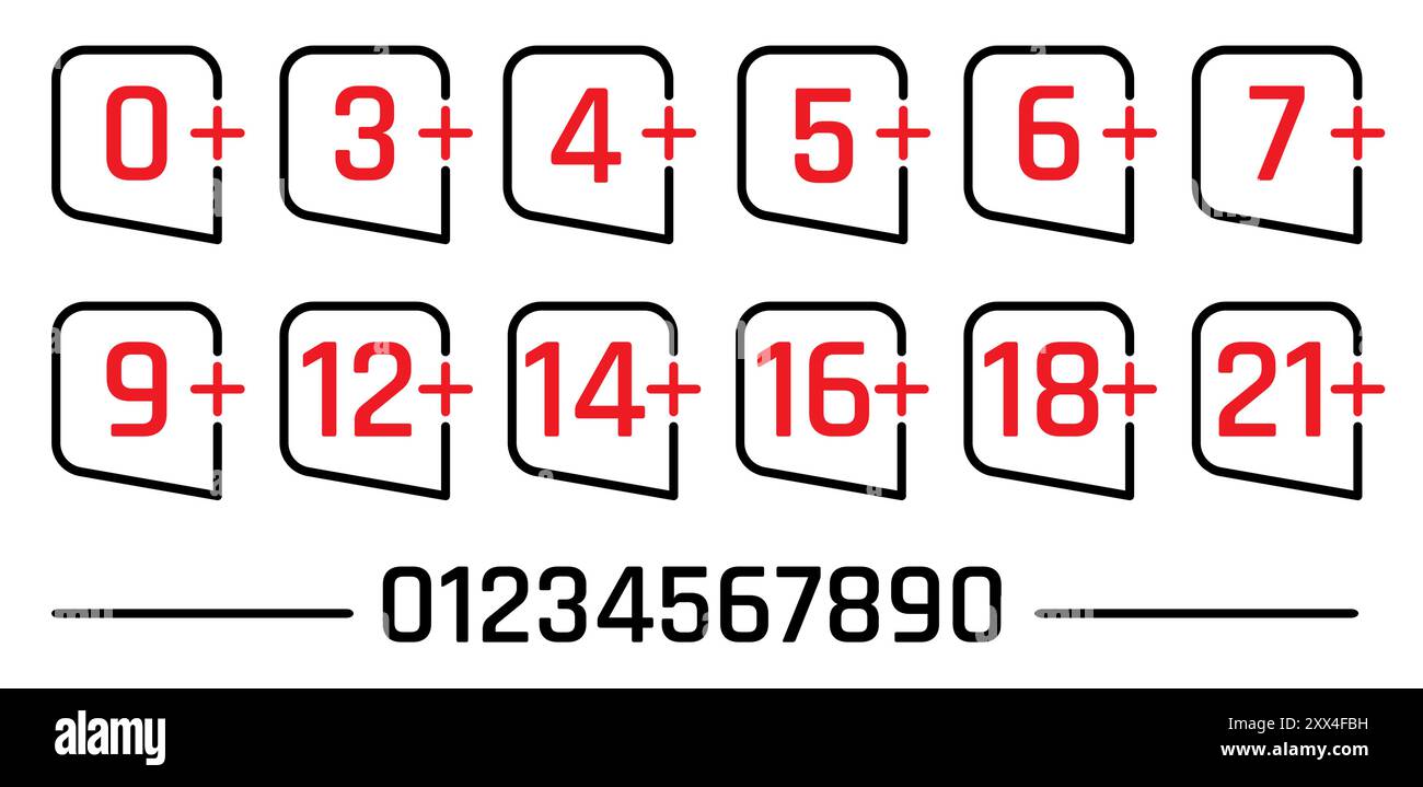 Under age signs, 18 plus icons for forbidden warning and age ...