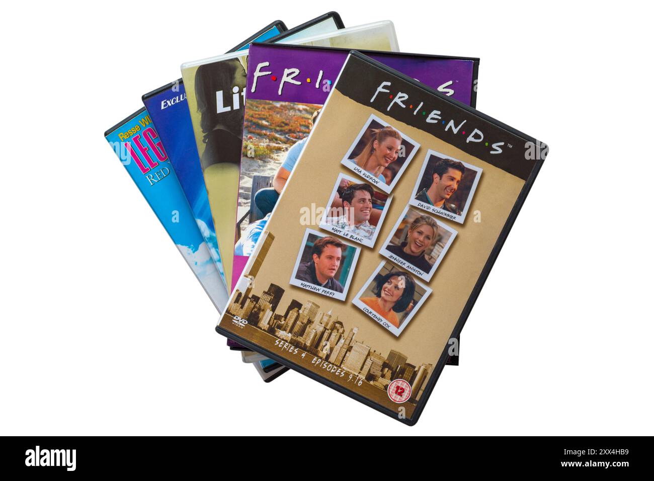 pile of DVDs with Friends series 4 episodes 9-16 DVD on top isolated on ...
