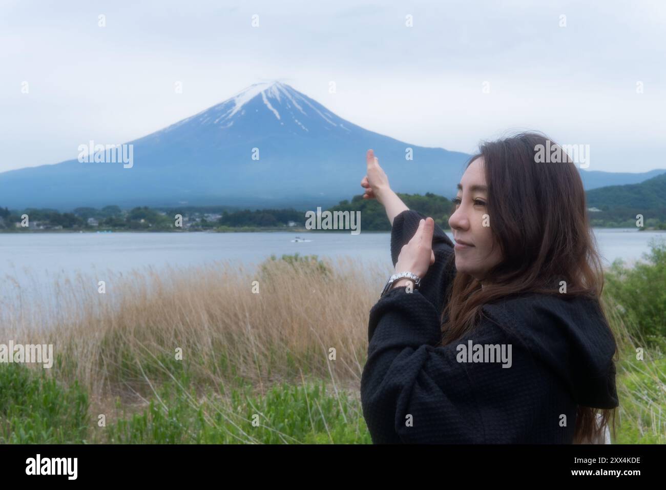 Woman standing in a blooming blue flower field with Mt. Fuji in the ...