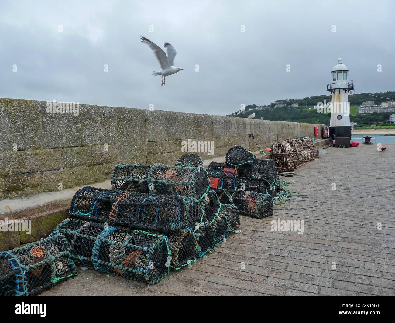 pier with lighthouse, fish traps and flying seagull Stock Photo - Alamy