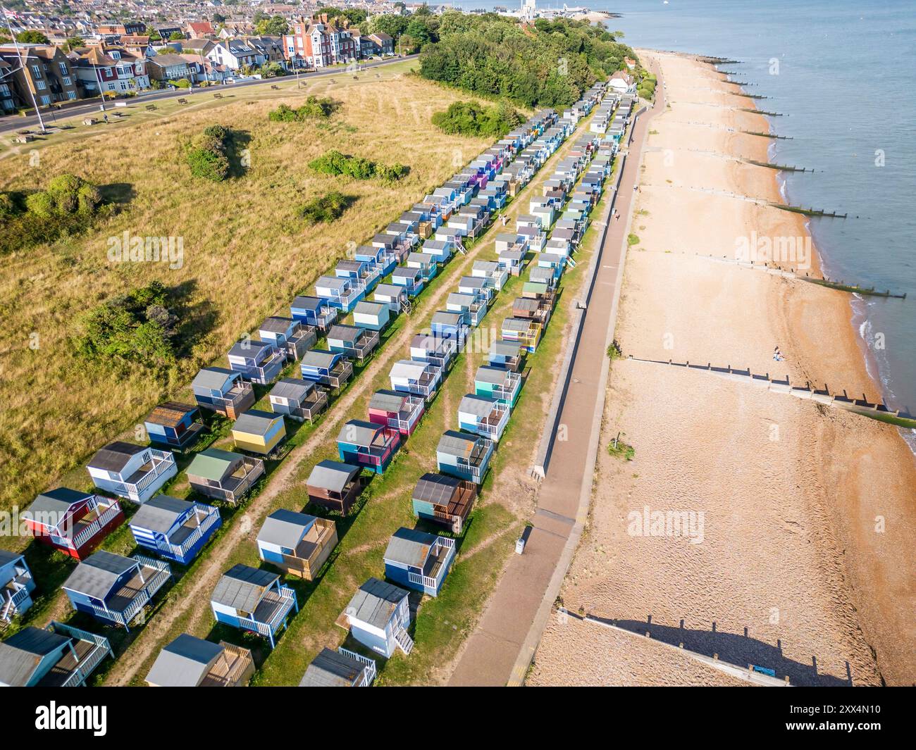 aerial view of tankerton beach and its large collection of beach huts ...