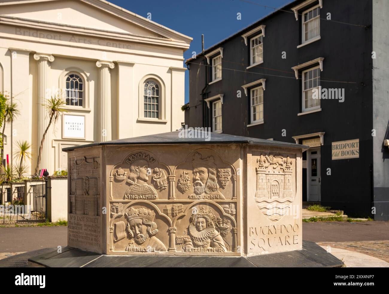 UK England, Dorset, Bridport, Buckydoo Square, octagonal stone seat by ...