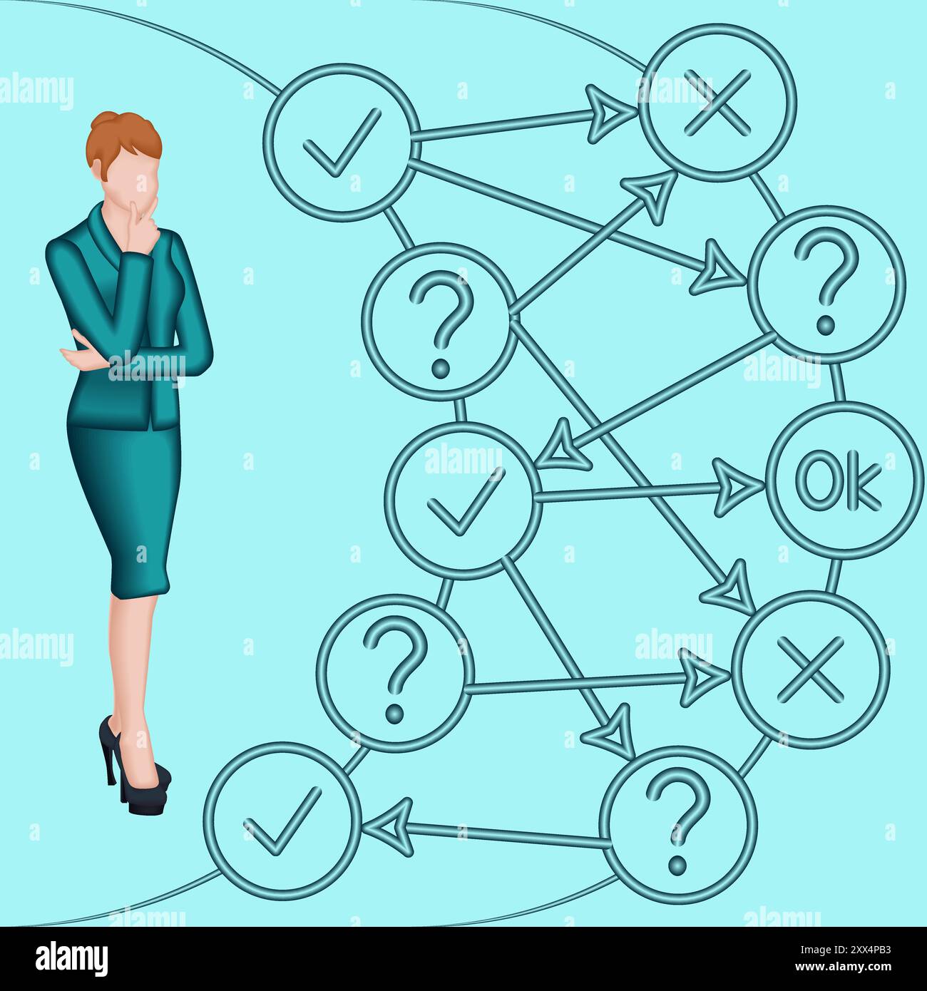 Woman using decision tree to identify problem or opportunity in ...