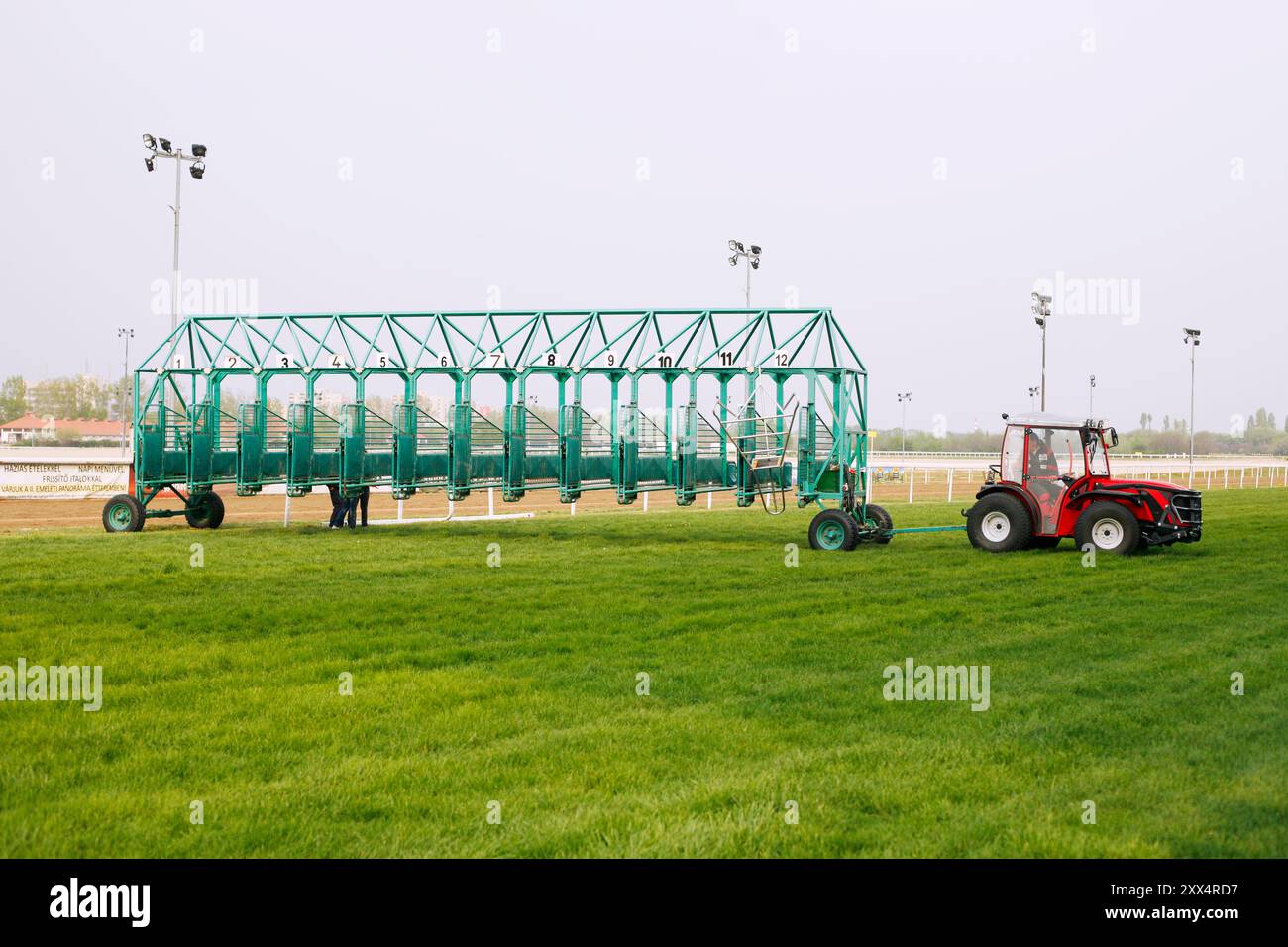 Empty horse racing starting stalls waiting for riders. Green colored ...