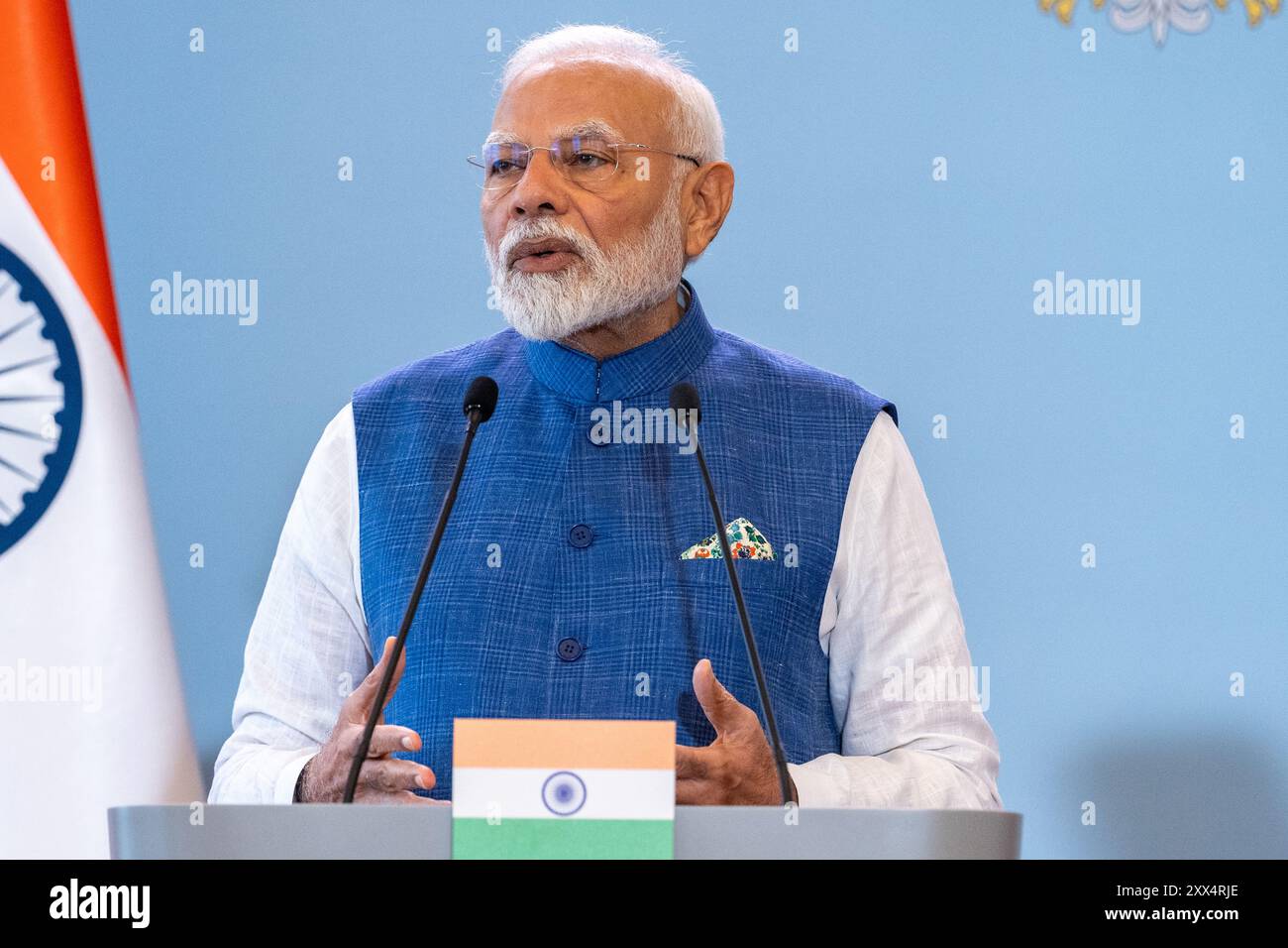 Prime Minister of India Narendra Modi speaks during a press conference. Polish Prime Minister ...