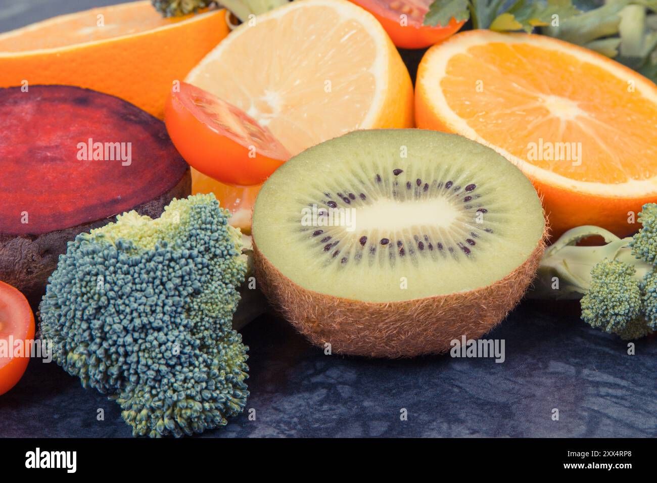 Natural fresh ripe fruits and vegetables containing minerals and ...