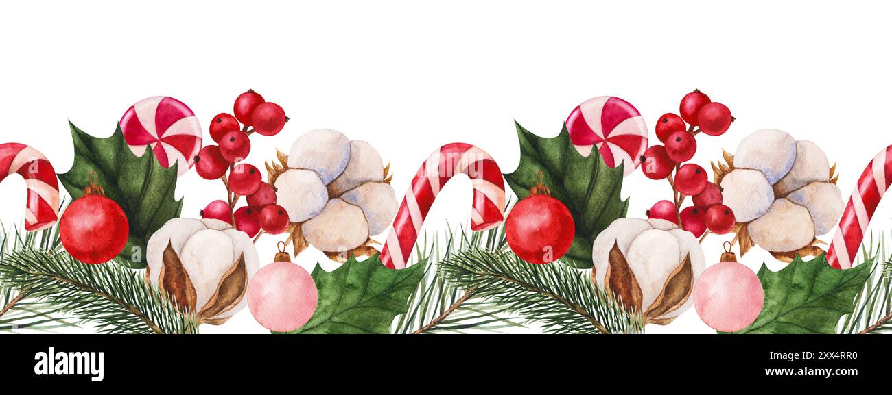 Festive seamless border with watercolor illustration featuring candy ...