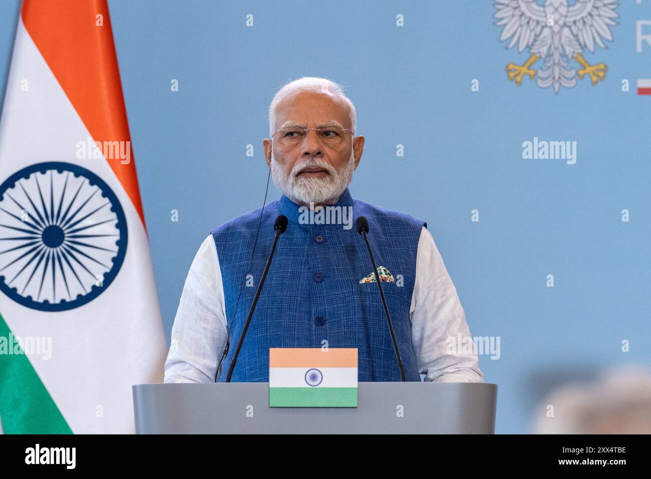 Prime Minister of India Narendra Modi speaks during a press conference. Polish Prime Minister ...