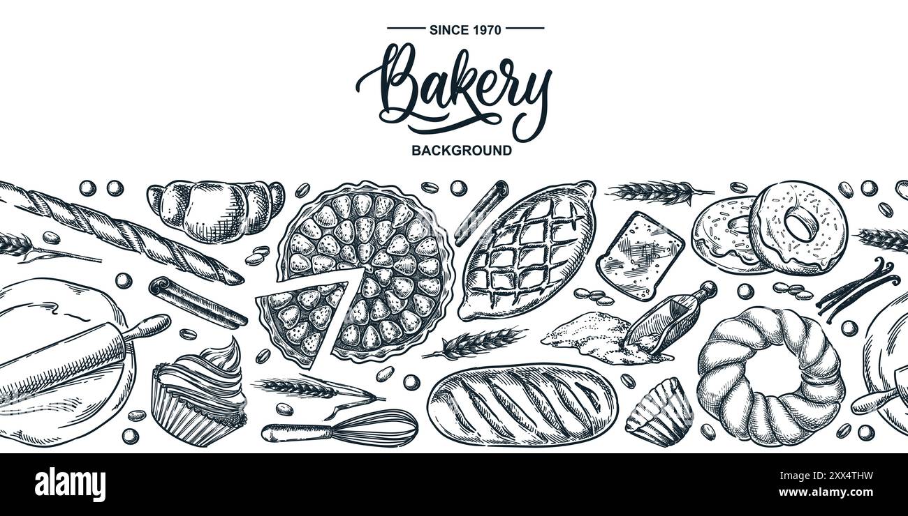 Seamless horizontal background with baking bread, pie, donuts ...