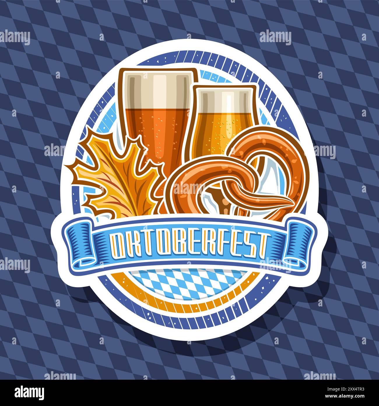Vector logo for Oktoberfest, decorative ellipse sign board with cartoon ...