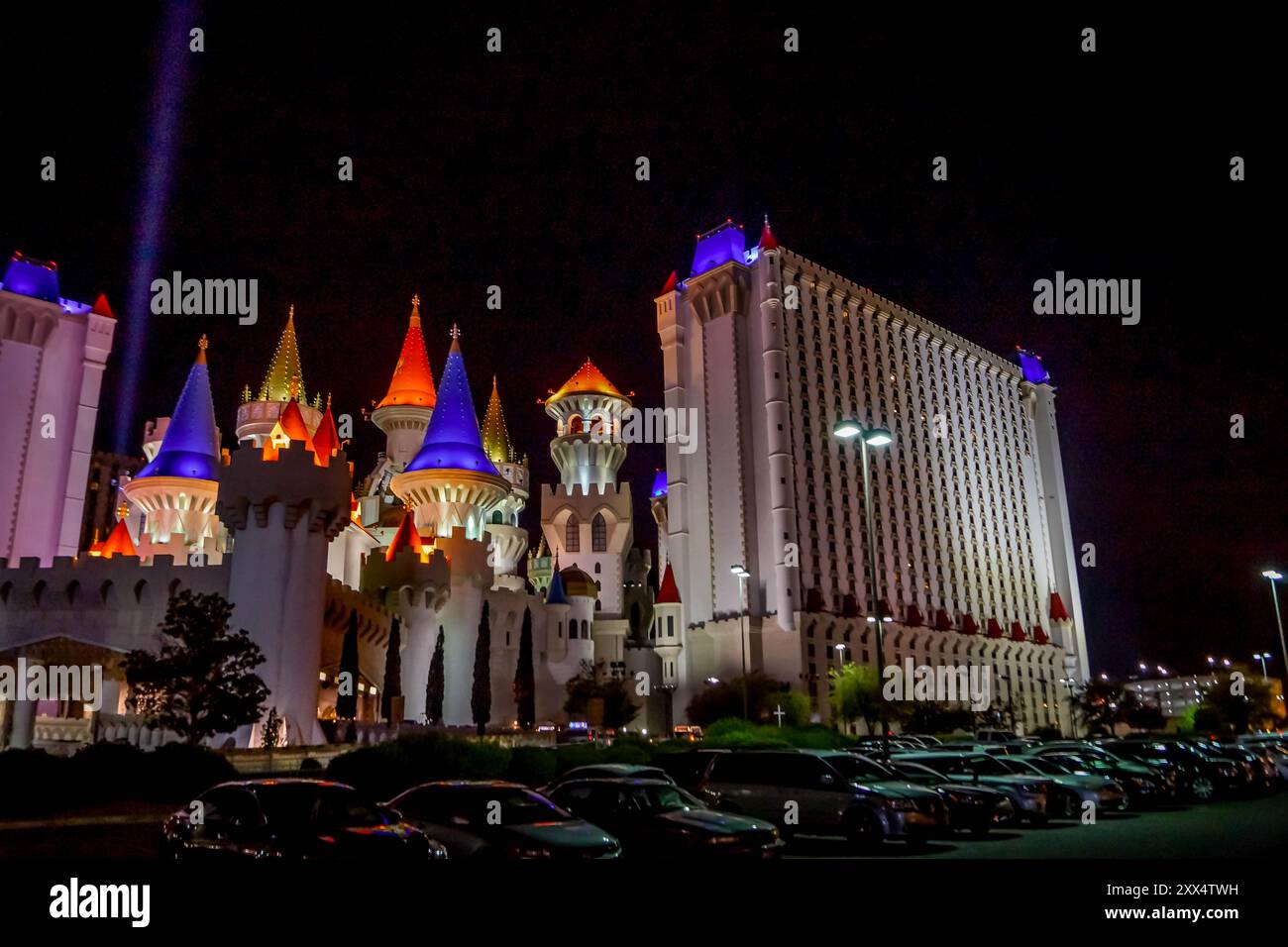 The night photo of Excalibur Hotel and Casino, a popular gambling and ...