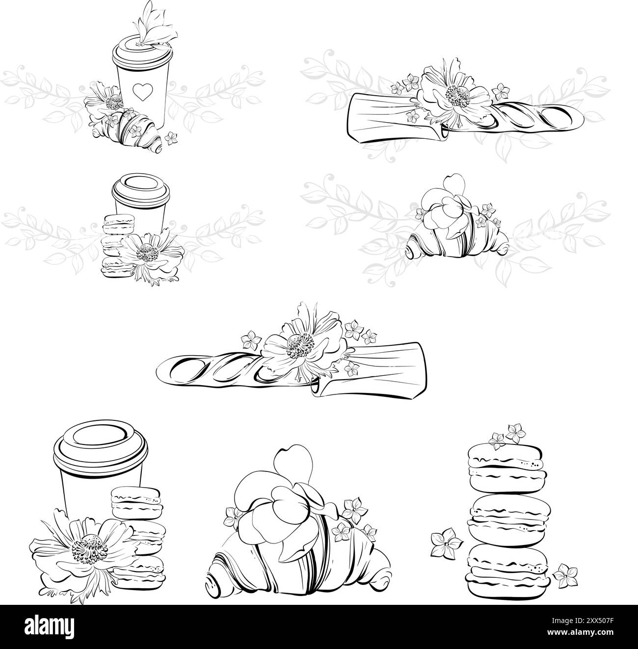 Vector border set croissant and baguette. French pastry dessert. Paris ...