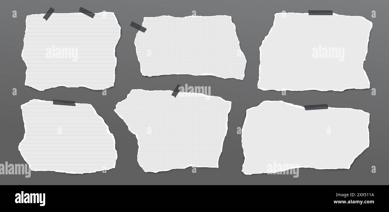 Set of torn white note paper pieces, strips are on dark grey background ...