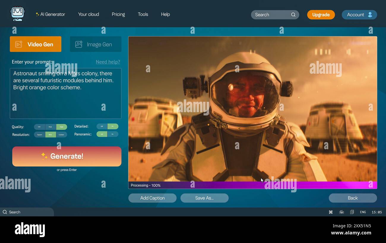 User interface of AI video generator. Artificial intelligence assistant generate detailed video ...