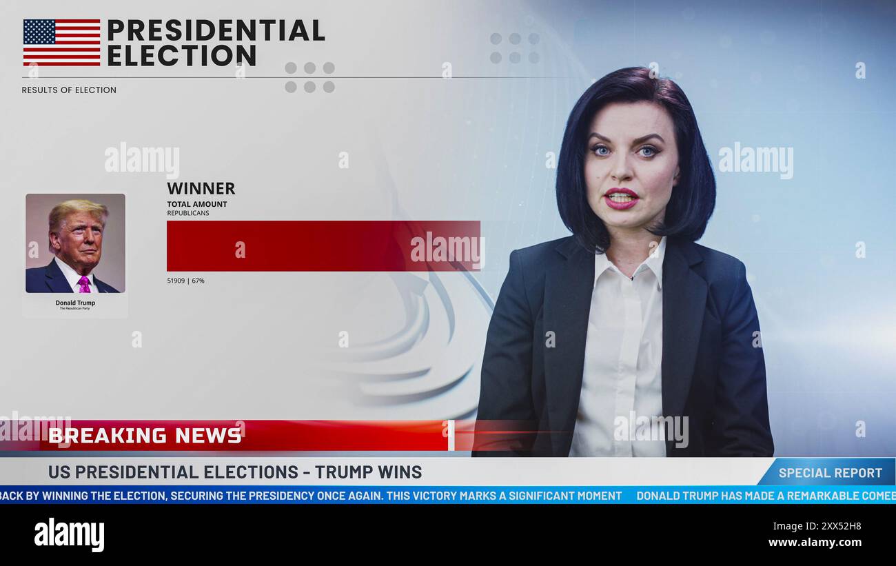 ZAPORIZHYA, UKRAINE - JUNE 7, 2024: TV breaking news with female news ...