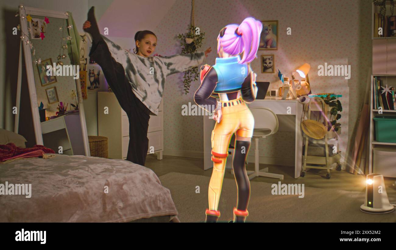 Teen girl chats with 3D animated avatar in cyberspace, shows gymnastics ...