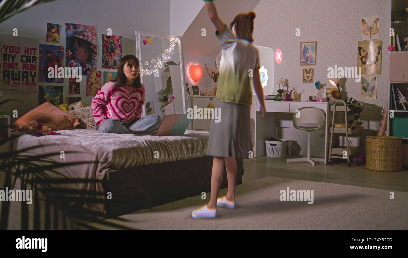 Teenager girl chats with virtual reality hologram in metaverse AI chat ...