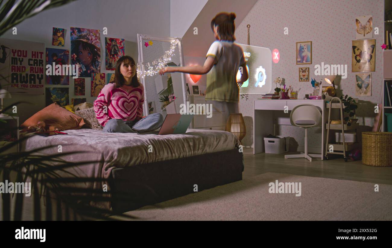 Teen girl chats with 3D animated avatar in cyberspace AI chat app ...