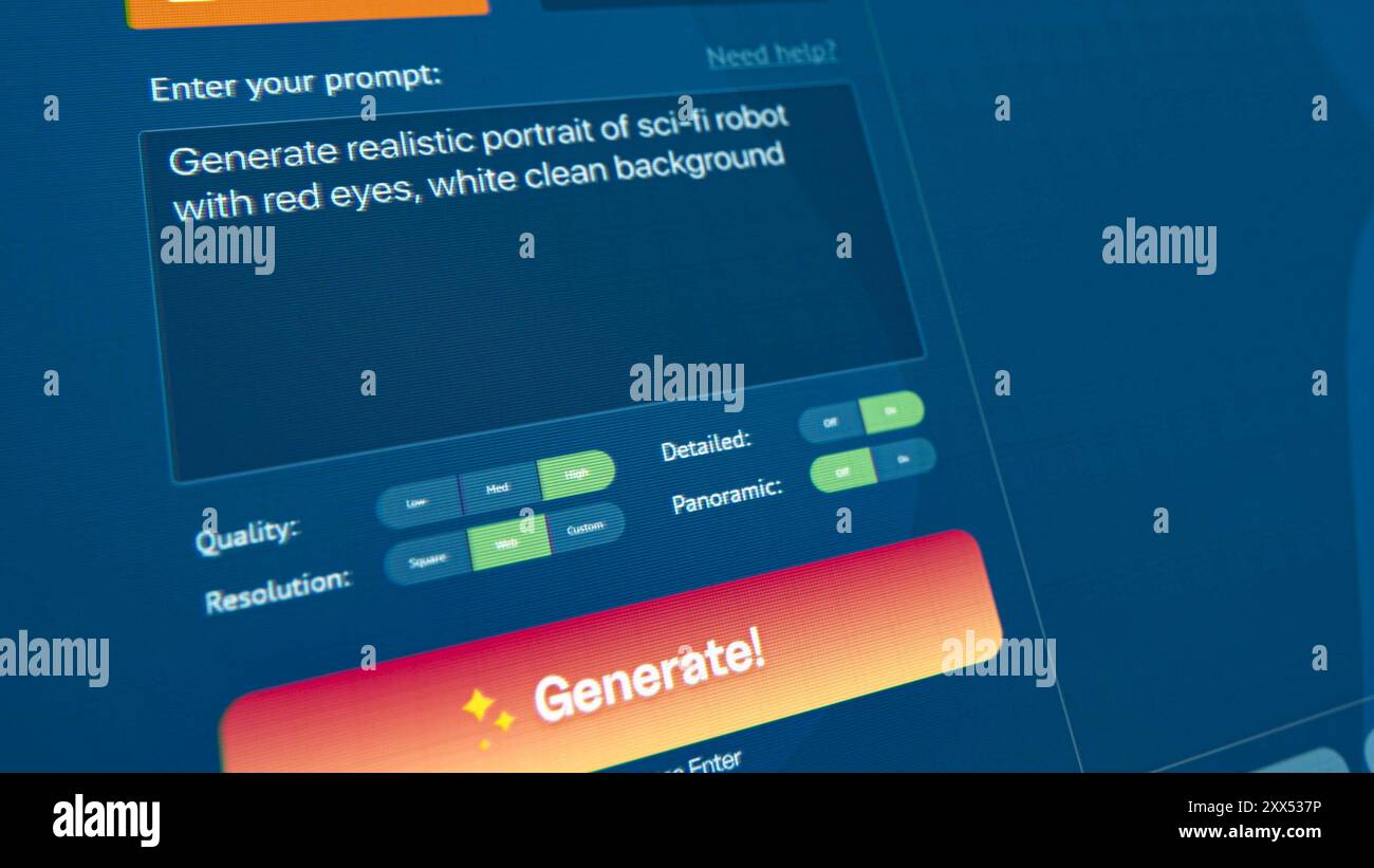 User interface of AI image generator. Artificial intelligence app generate detailed high-quality ...