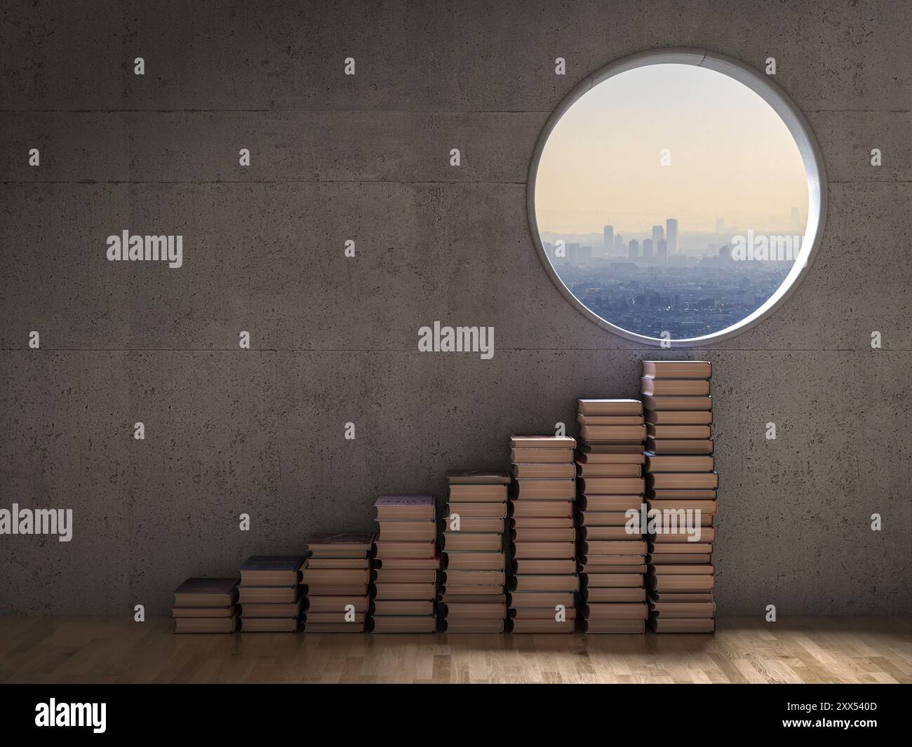 Stack of books ascending staircase circular window revealing city view ...