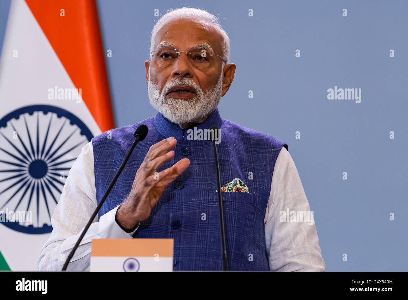 Prime Minister of India, Narendra Modi gives a statement to press during a press conference ...