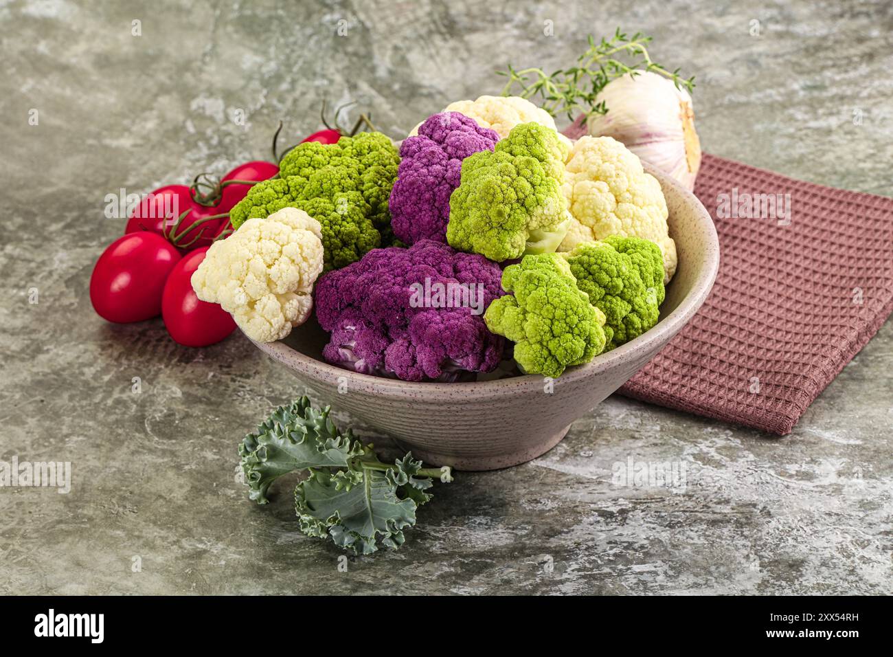 Raw cauliflower different colors heap served leaf Stock Photo - Alamy