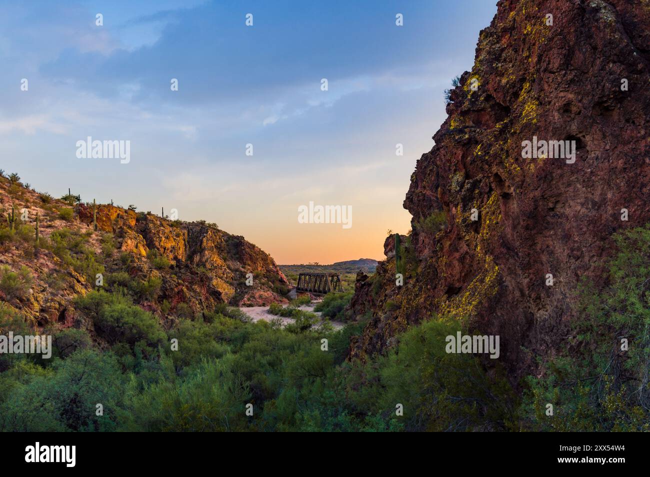 Sunset Desert Landscape with Railroad Bridge in Morristown Arizona ...