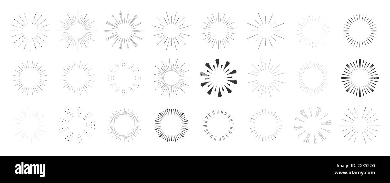 Set Fireworks, rays, sunburst frames circle border decoration, sparkle in doodle style, line ...
