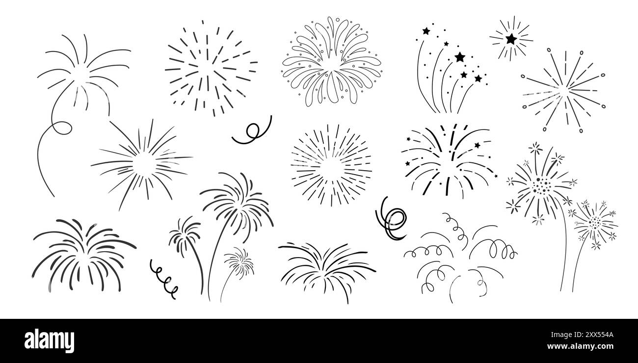 Set fireworks doodle line explosion radial sparkler with rays, hand ...