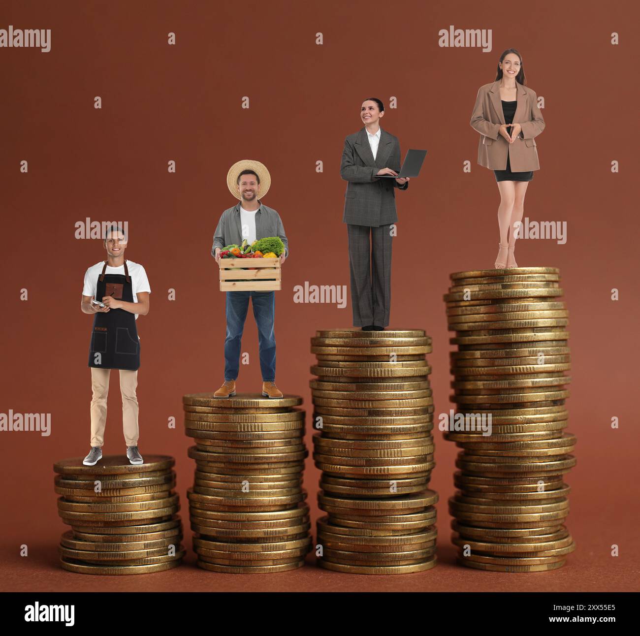 People of various professions on stacks of coins of different height ...
