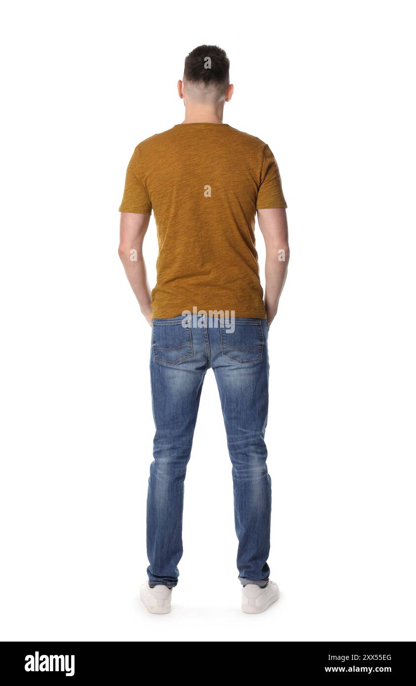 Man standing in queue on white background, back view Stock Photo - Alamy